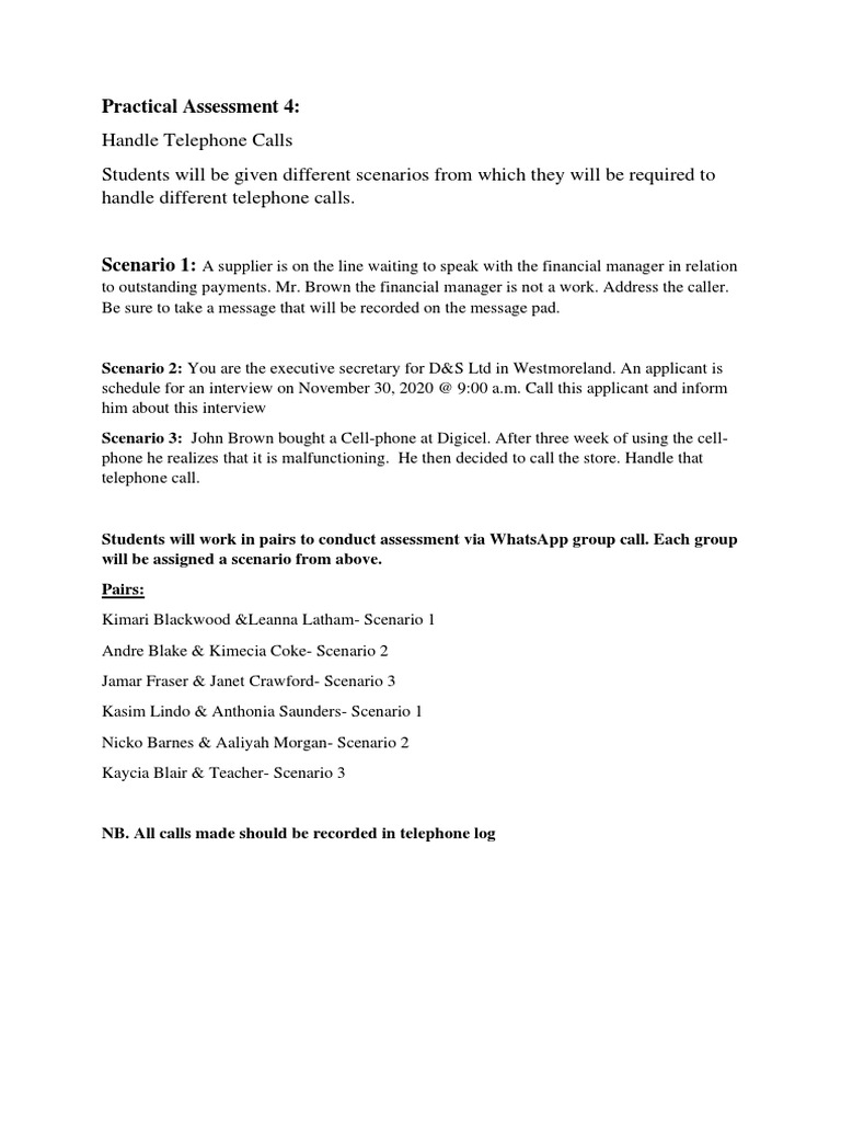 Handle Telephone Calls Students Will Be Given Different Scenarios From ...