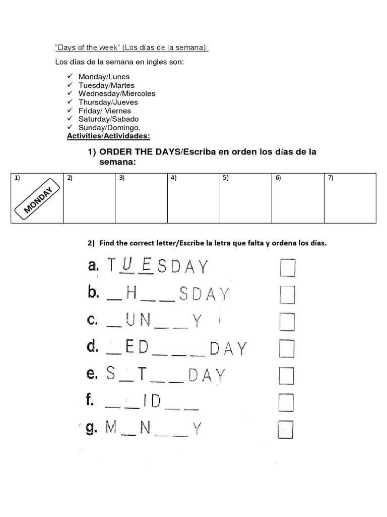 Actividades y ejercicios: días de la semana en inglés | PDF