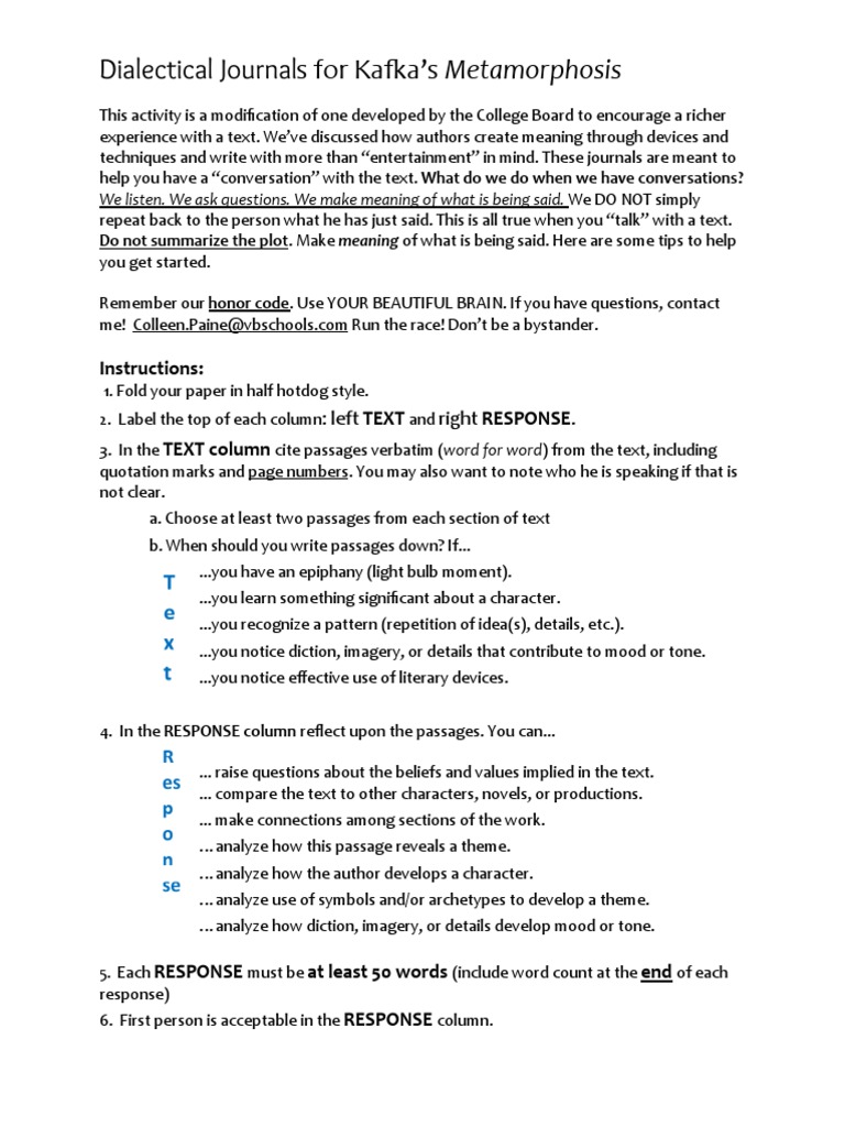 Dialectical Journal Metamorphosis