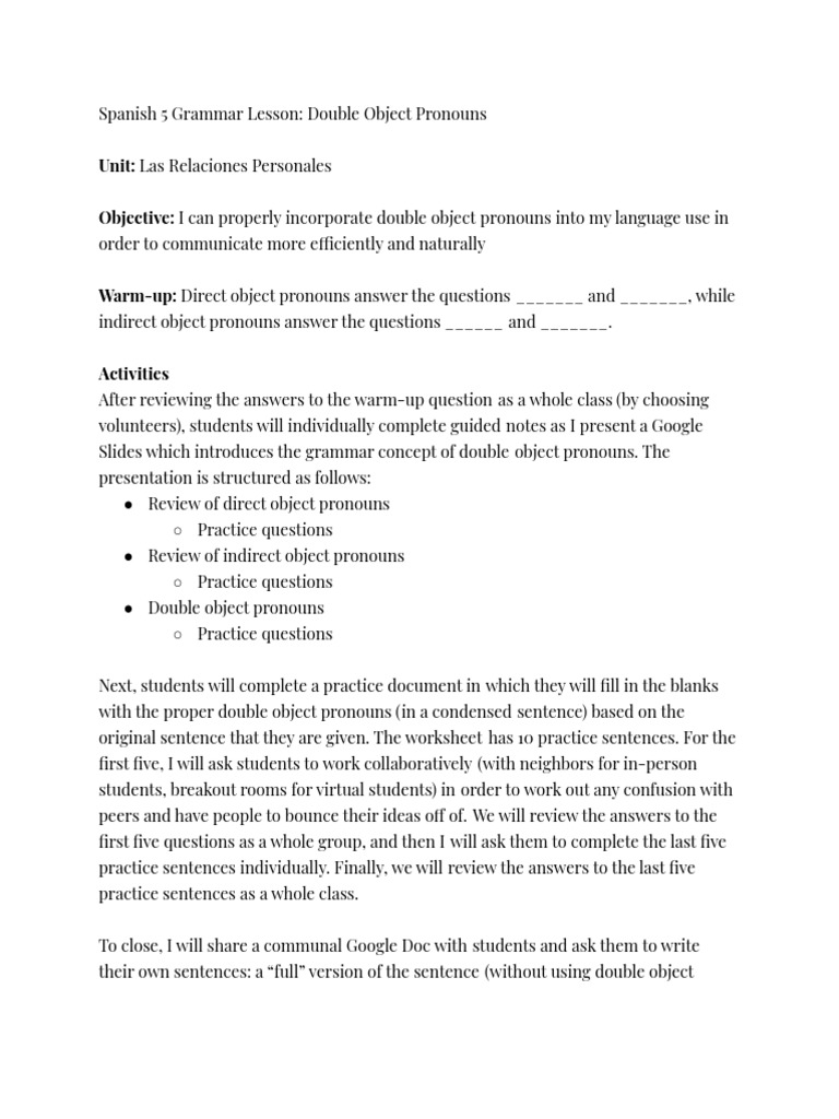 Lesson Plan Double Object Pronouns | PDF | Language Arts & Discipline