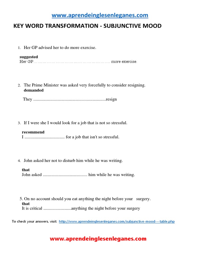 Key Word Transformation - Subjunctive Mood | PDF | Language Arts & Discipline | Self-Improvement