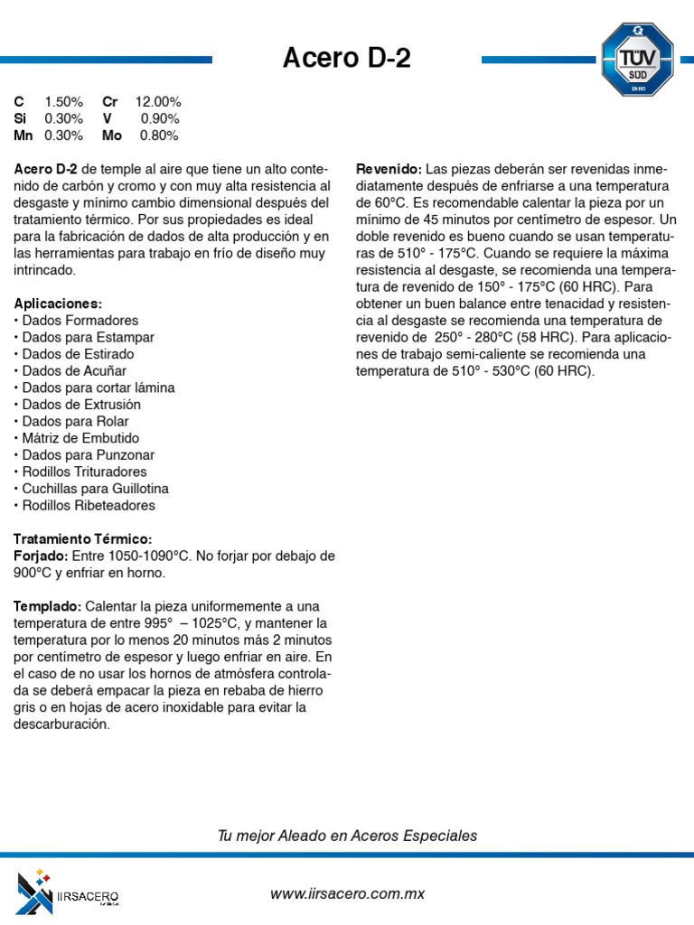 Ficha Técnica del Acero D-2 | PDF | Tratamiento a base de calor | Acero