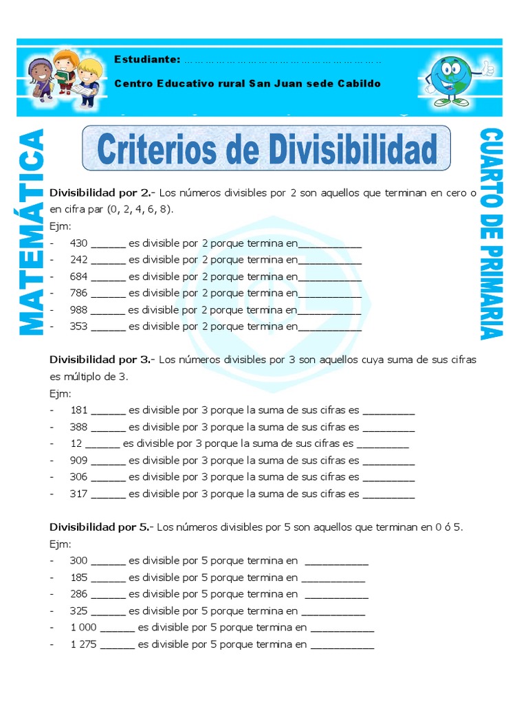 Hoja De Trabajo De Reglas De Divisibilidad, Sexto Grado Clase1