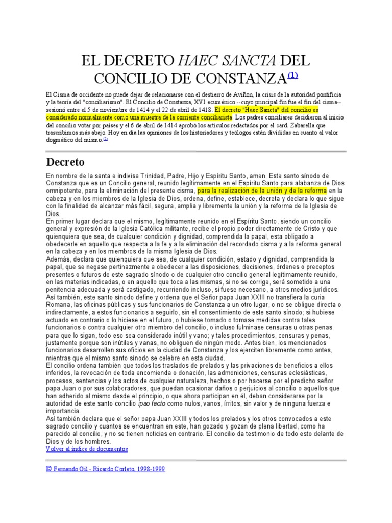 El Decreto Haec Sancta Del Concilio de Constanza | PDF | Papa ...