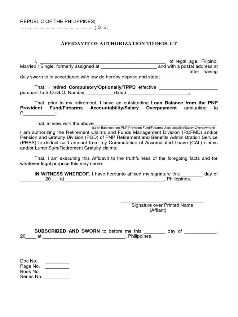 PNP Affidavit for Salary Deduction | PDF | Affidavit | Pension