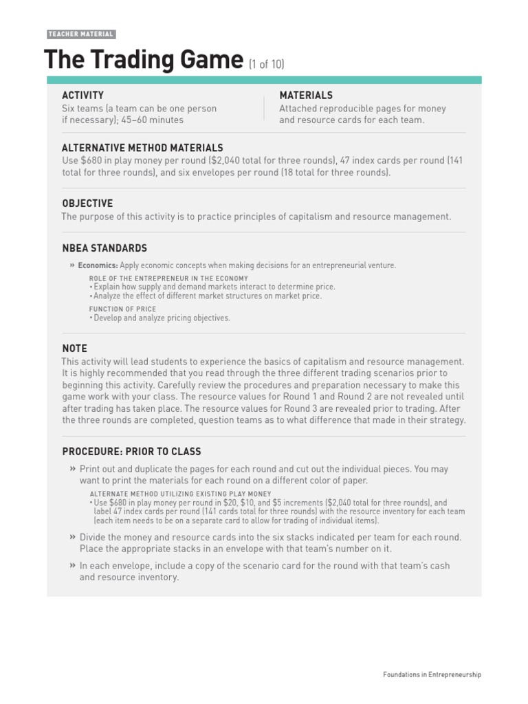 The-Trading-Game-Activity Teacher Materials | PDF | Value (Economics ...