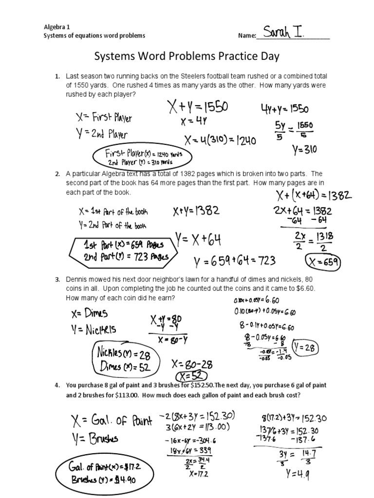 Systems Word Problems Practice Day Sarah: 1 4 X 44 First | PDF ...