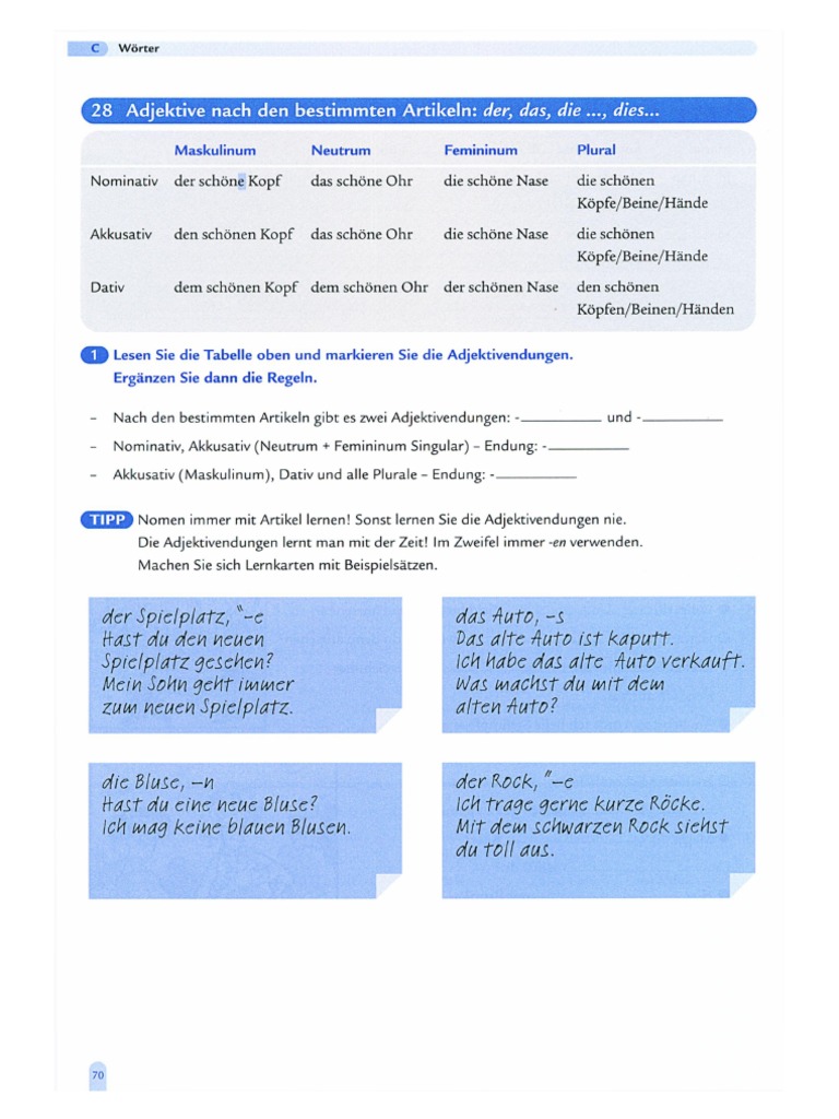 Adjektivdeklination Definit, Indefinit Und Ohne Artikel | PDF