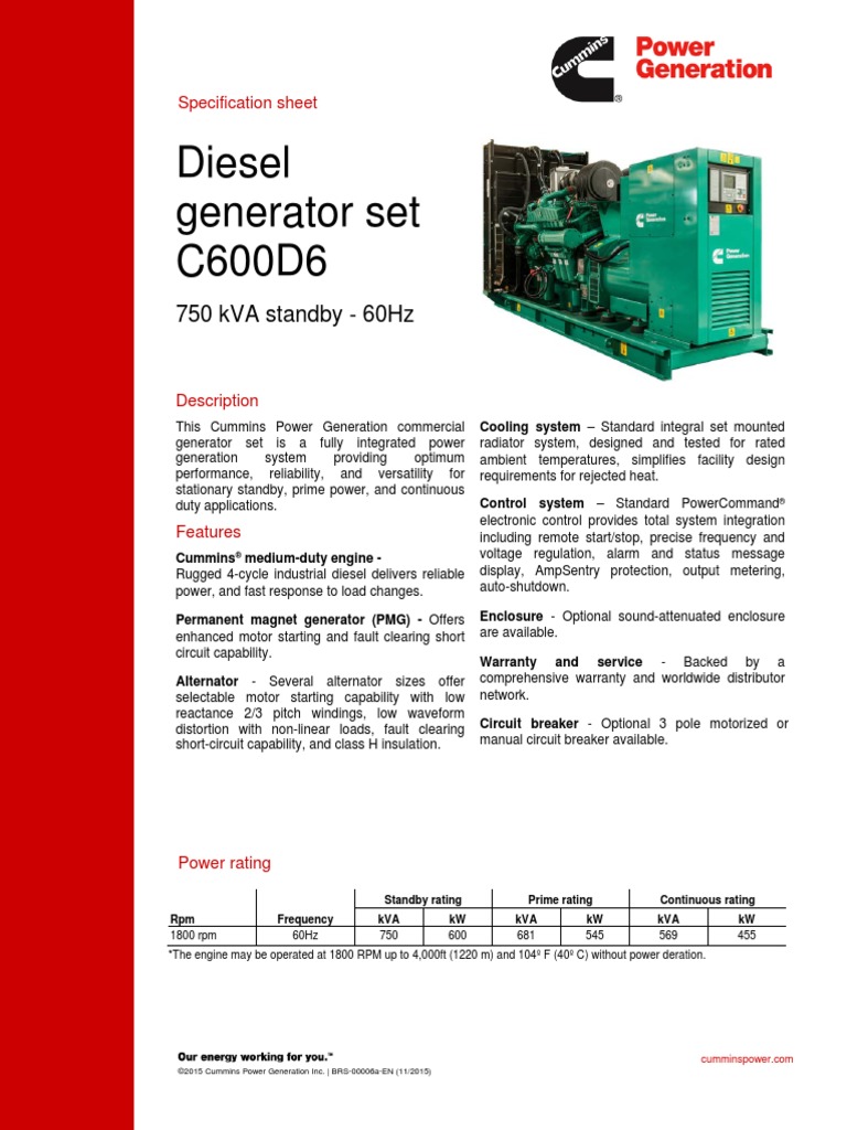 Diesel Generator Set C600D6: 750 kVA Standby - 60Hz | PDF | Electric ...