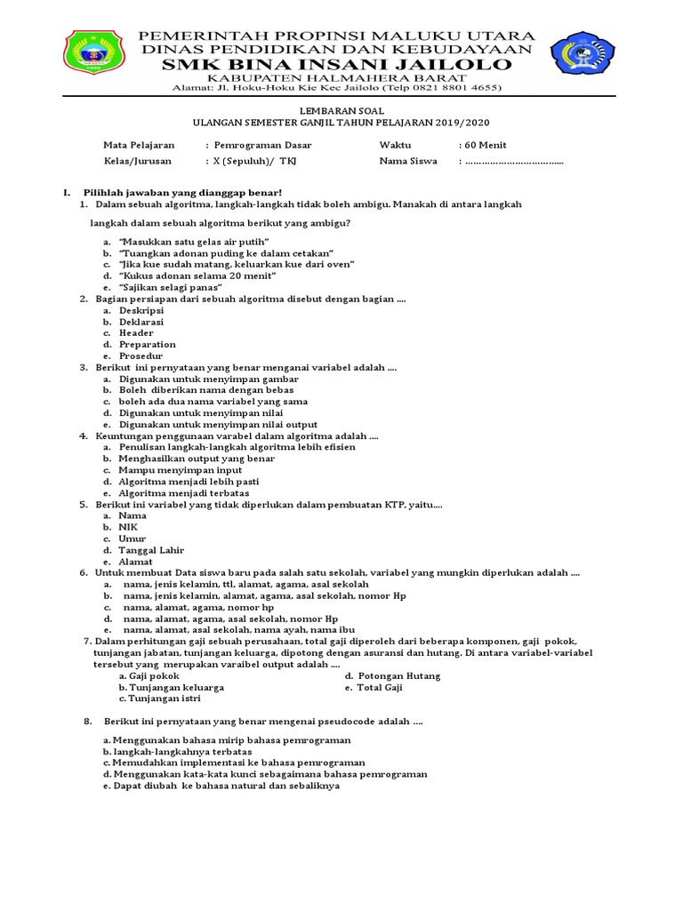 Soal Ulangan Pemrograman Dasar TKJ 2019 | PDF | Komputer