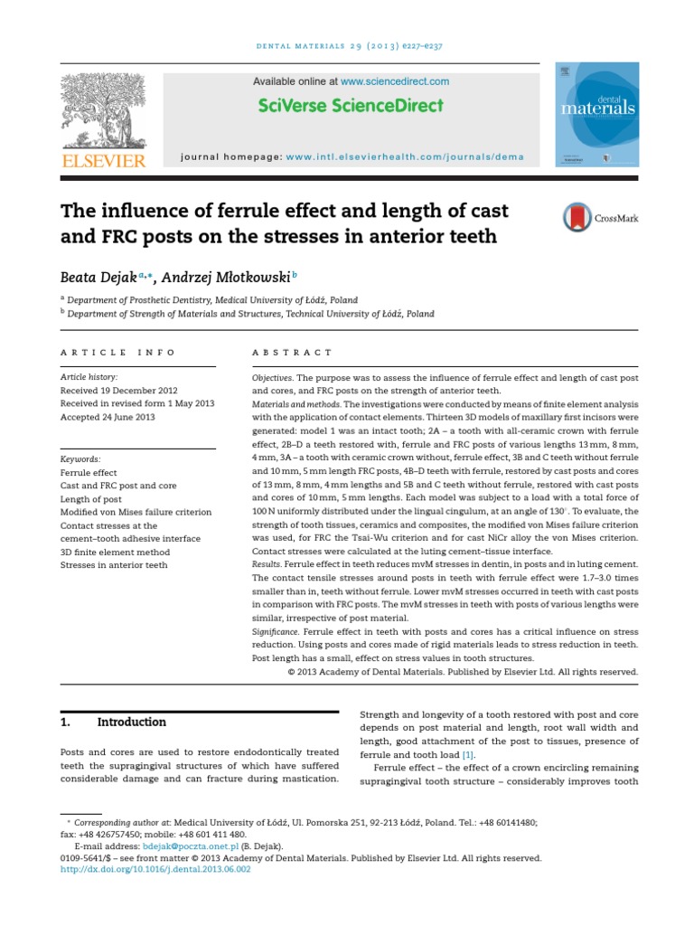 2013 The Influence of Ferrule Effect and Length of Cast and FRC Posts ...