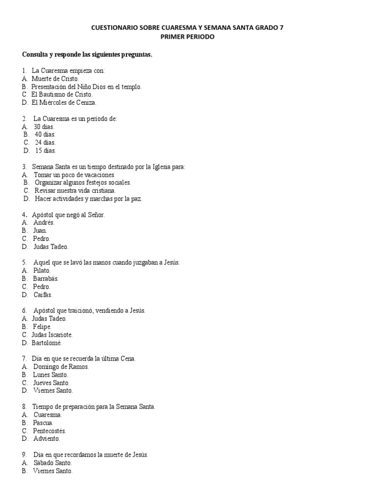 Cuestionario Sobre Cuaresma y Semana Santa Grado 7 | PDF | Prestado ...