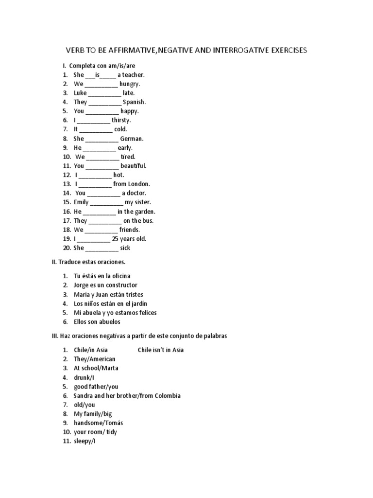 Verb To Be Affirmative, Negative and Interrogative Exercises | PDF ...