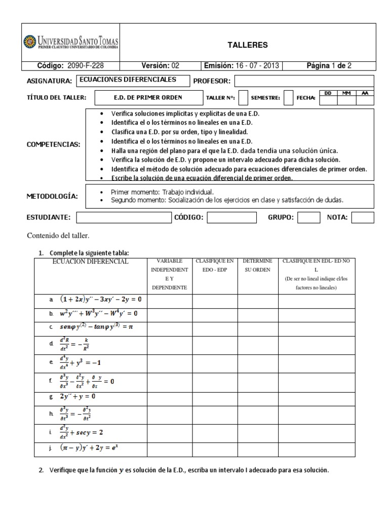 Taller Complementario 1 E.D | PDF | Ecuaciones diferenciales | Ecuaciones