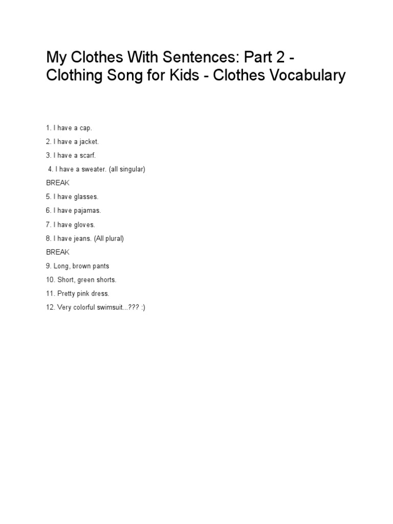 My Clothes With Sentences-Part 2 - Clothing Song For Kids - Clothes ...