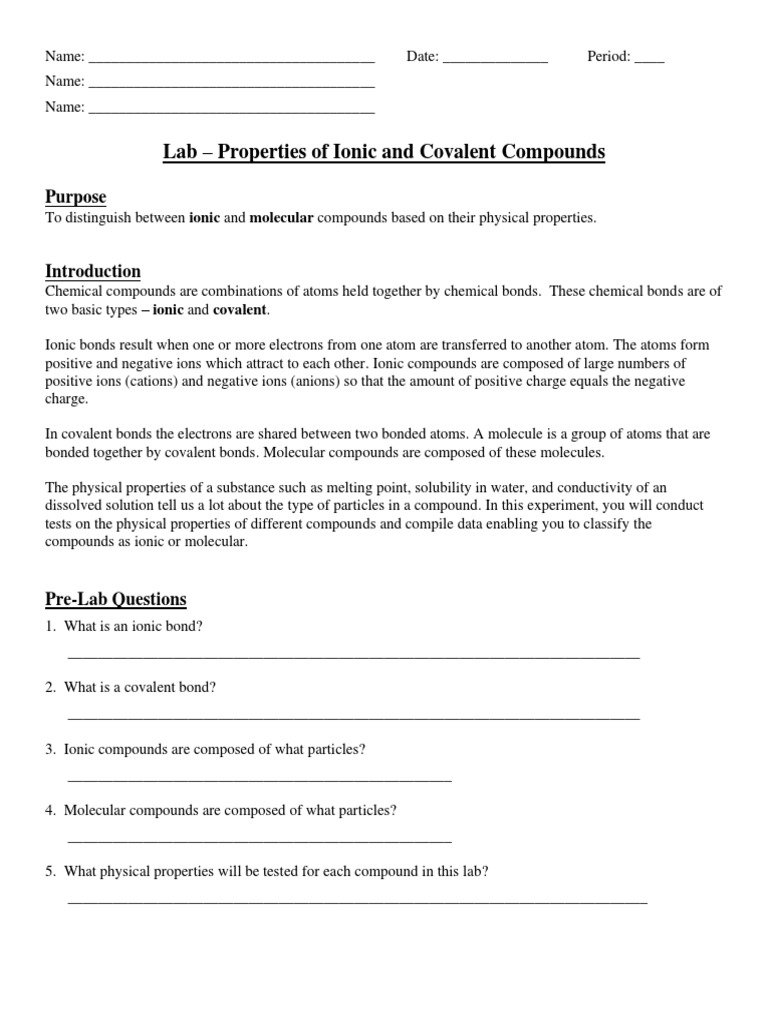 Ionic and Covalent Properties Lab | PDF | Ionic Bonding | Chemical Bond