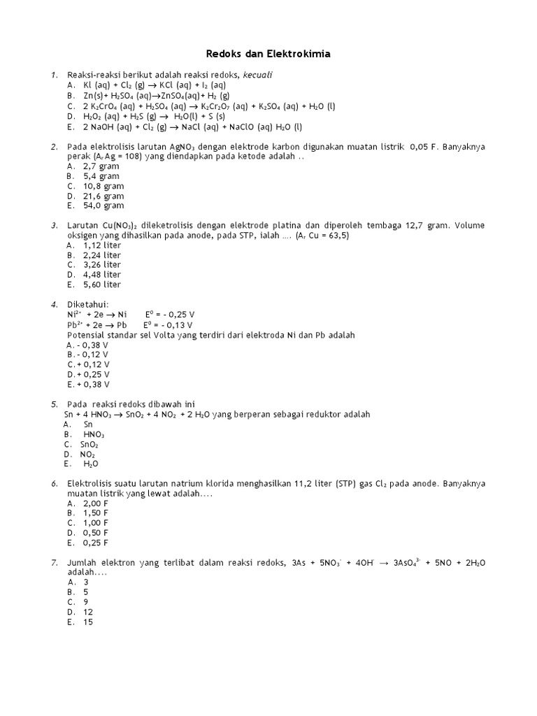 Soal Pilihan Ganda Redoks Elektrikimia, Sel Volta | PDF