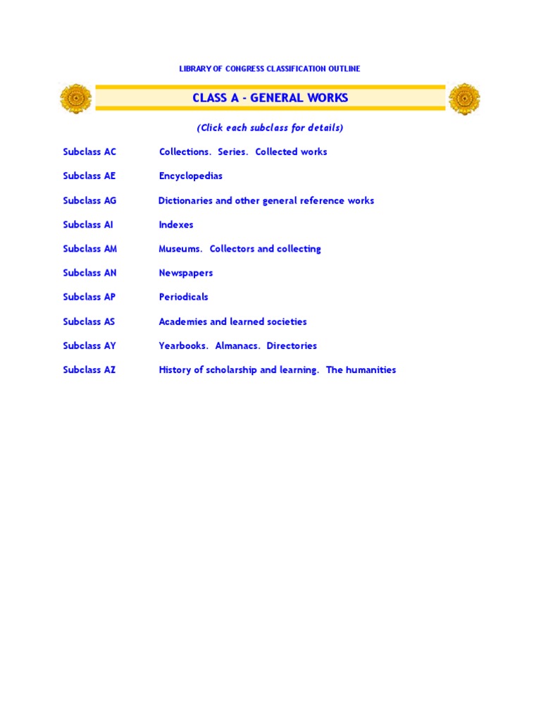 Class A - General Works: (Click Each Subclass For Details) | PDF | Classics