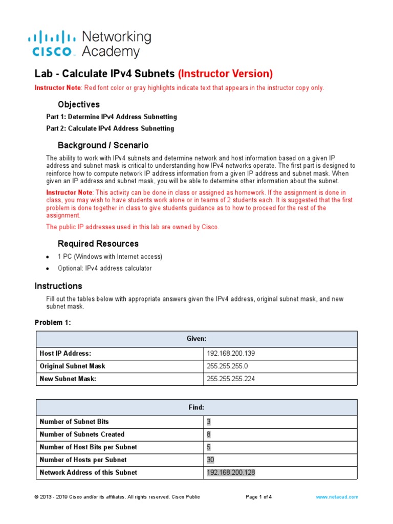 Lab: Calculate IPv4 Subnets 11.6.6 | PDF | Ip Address | Internet Protocols