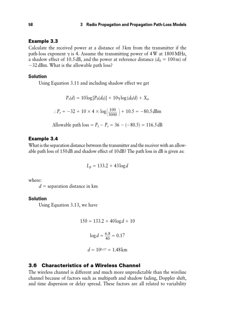 Example 3.3: 58 3 Radio Propagation and Propagation Path-Loss Models | PDF | Bandwidth (Signal ...