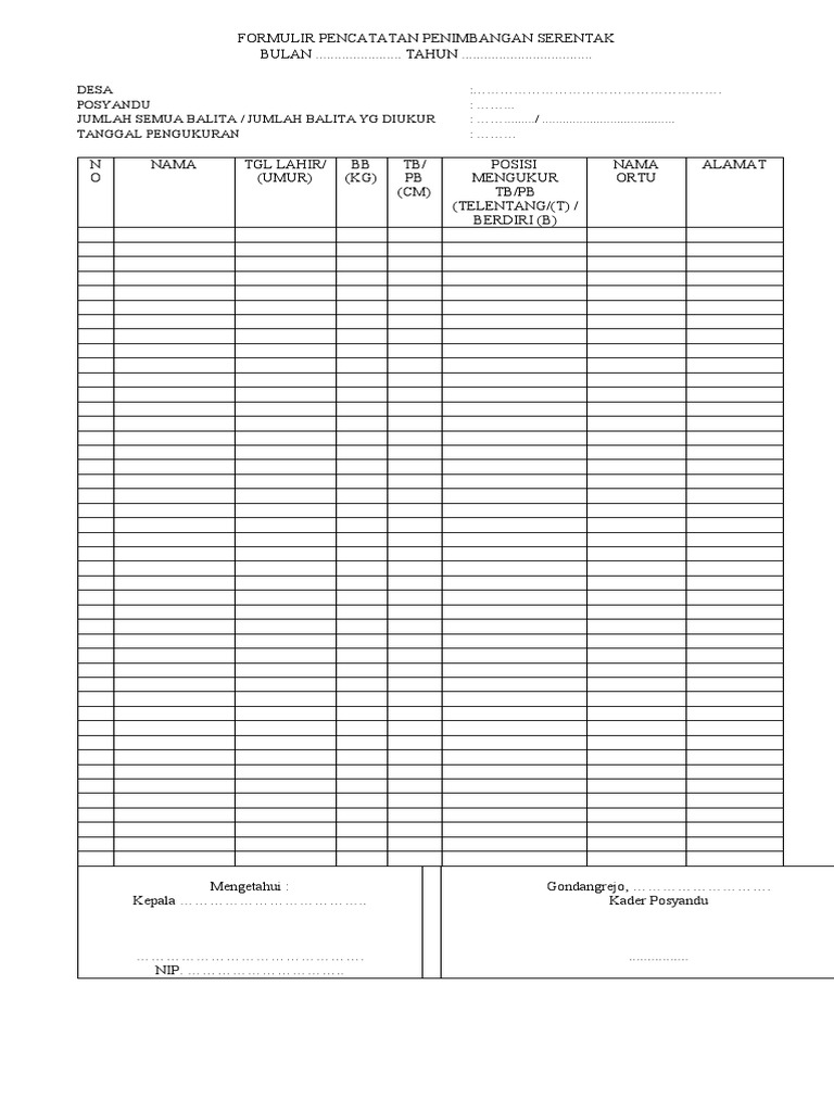 Formulir Pencatatan Penimbangan Serentak | PDF