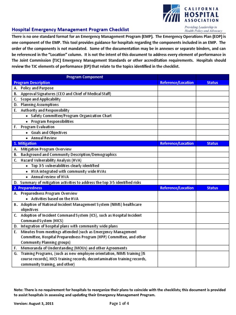 Hospital Emergency Management Program Checklist: Program Component ...