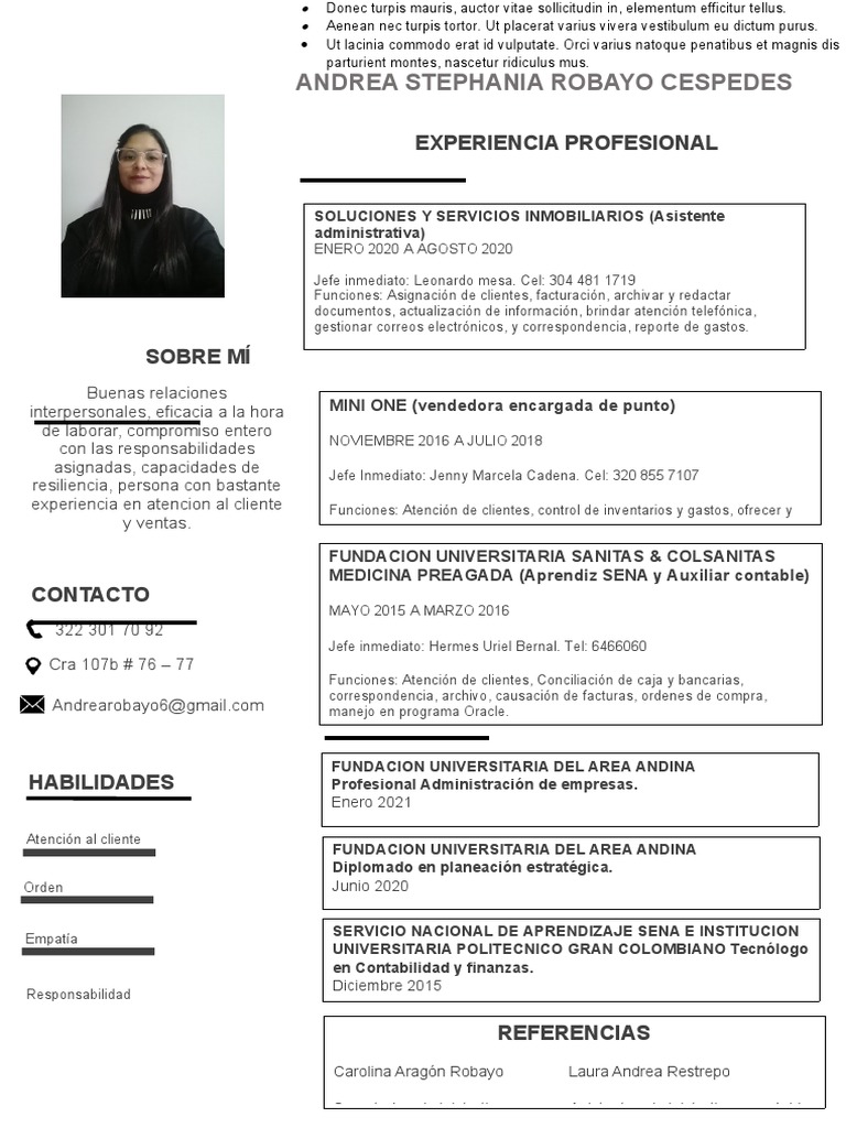 Hoja de Vida Andrea Robayo | PDF | Servicios financieros | Industrias