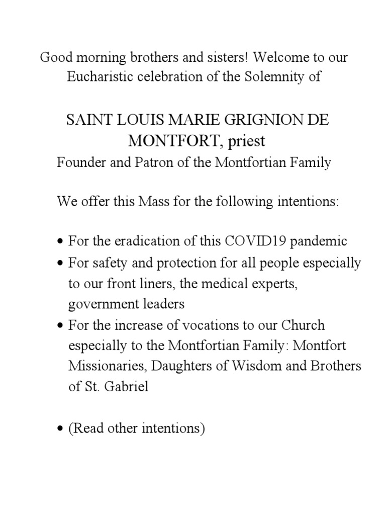 Montfort Feast Day Mass Introduction | PDF