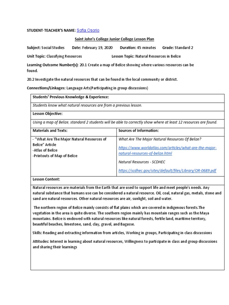 Sofia Osorio - Managing Resources Lesson Plan | PDF | Belize | Lesson Plan