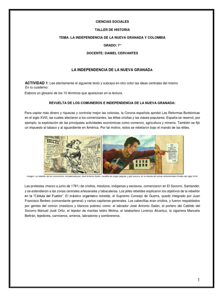 7°. Taller #6. La Independencia de Colombia | PDF | América del Sur ...