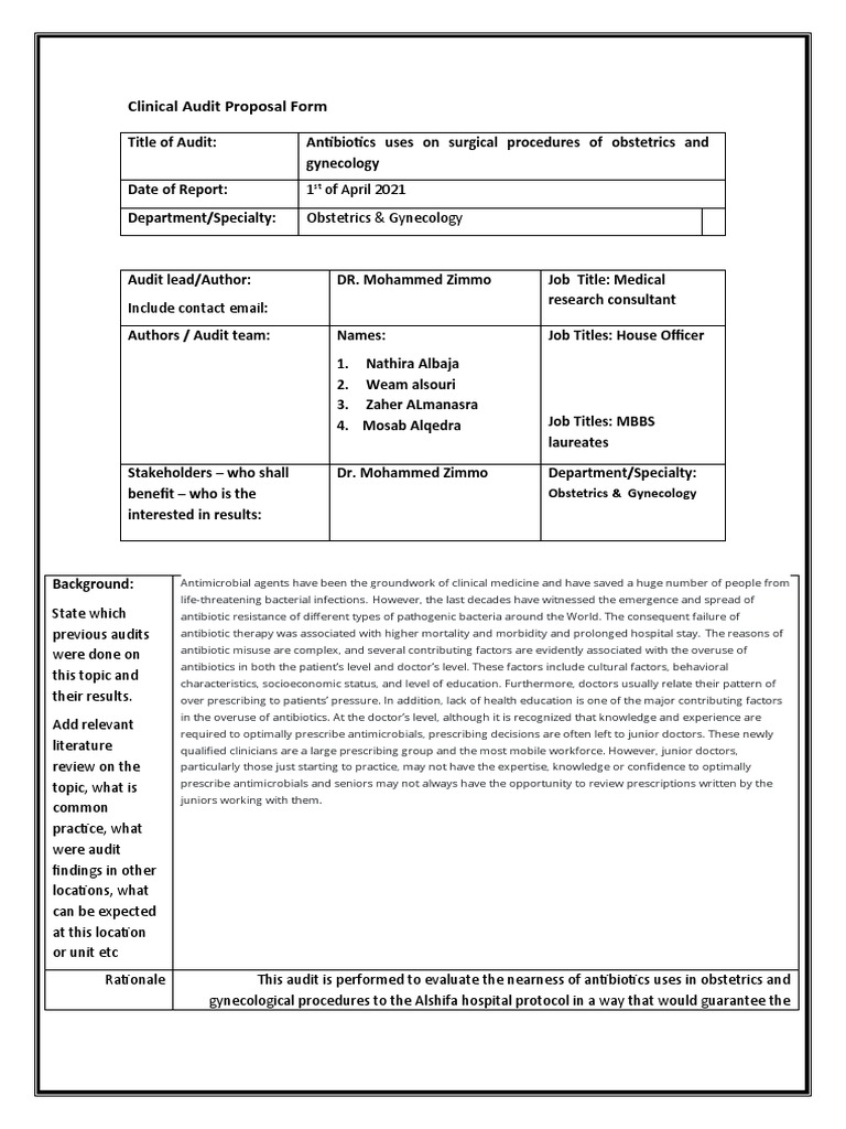 Clinical Audit Proposal Form: Obstetrics & Gynecology | PDF ...