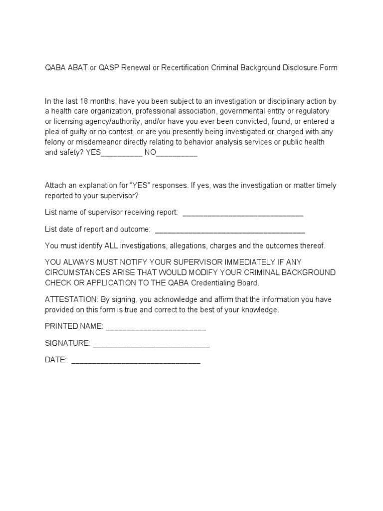 Criminal Background Disclosure Form For ABAT or QASP | PDF