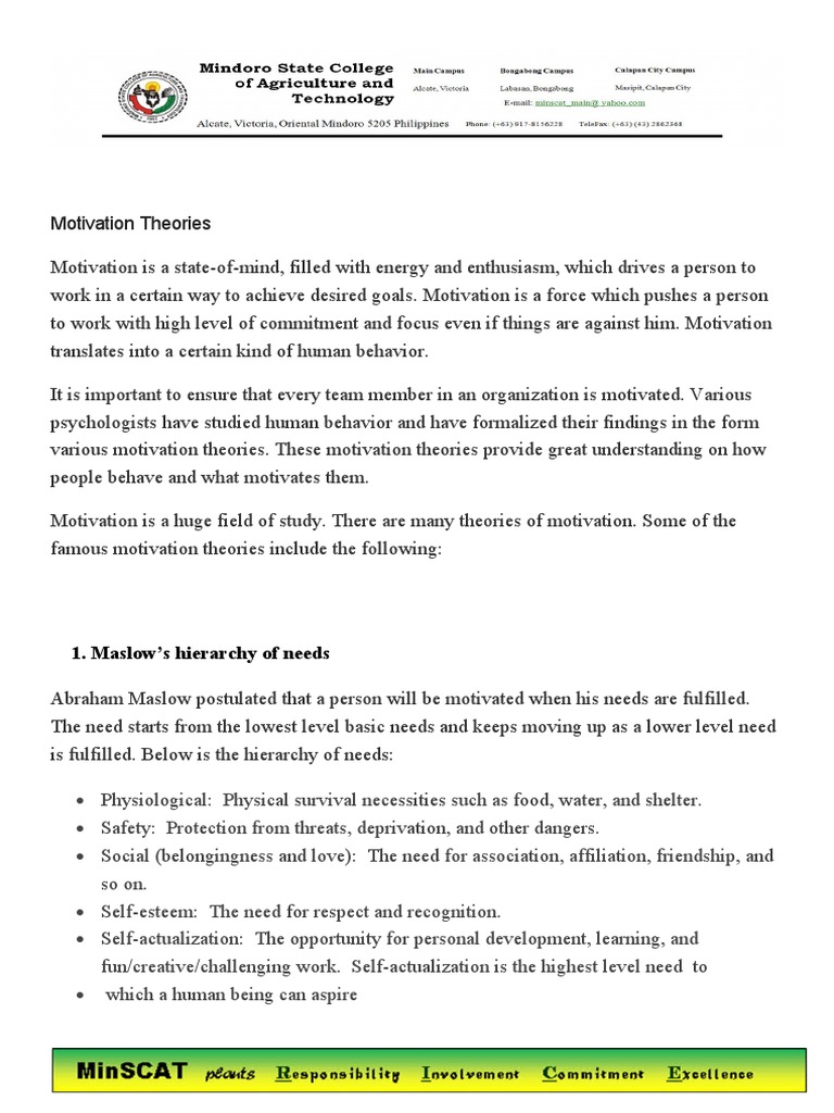 Motivation Theories 1 Maslow S Hierarchy Of Needs Pdf