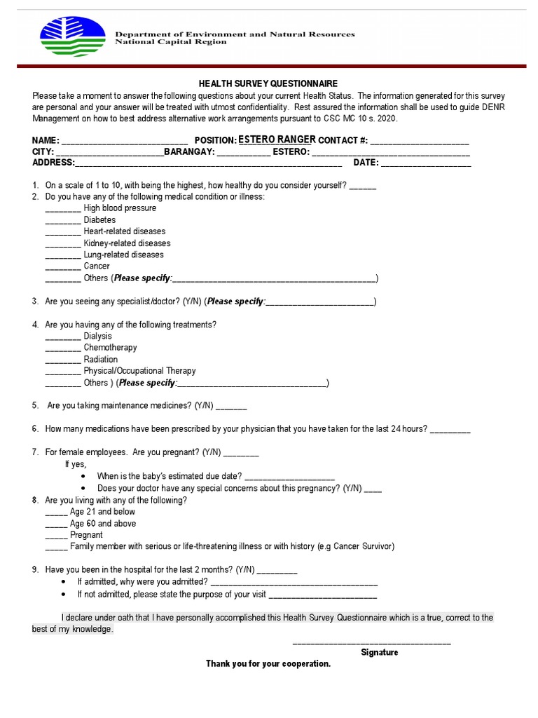 DENR Health Survey Form and Contact Person Form Page 2 | PDF ...
