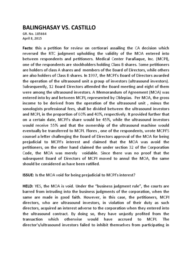 MOA Void: Balinghasay vs. Castillo | PDF | Board Of Directors | Annulment