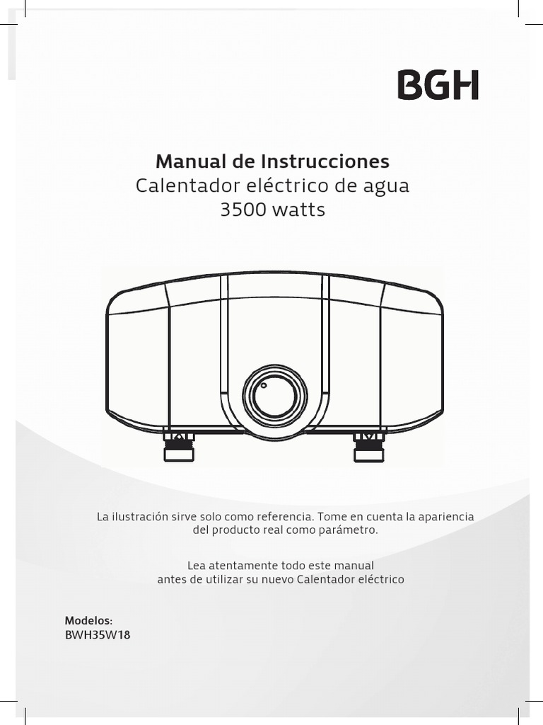 Manual Calentador Agua Electrico BGH 3500w | PDF | Enchufes y tomas de corriente alterna | Ducha