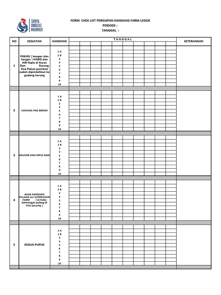 FORM CHEK LIST PERSIAPAN KANDANG (Closing Panen - Siap | PDF