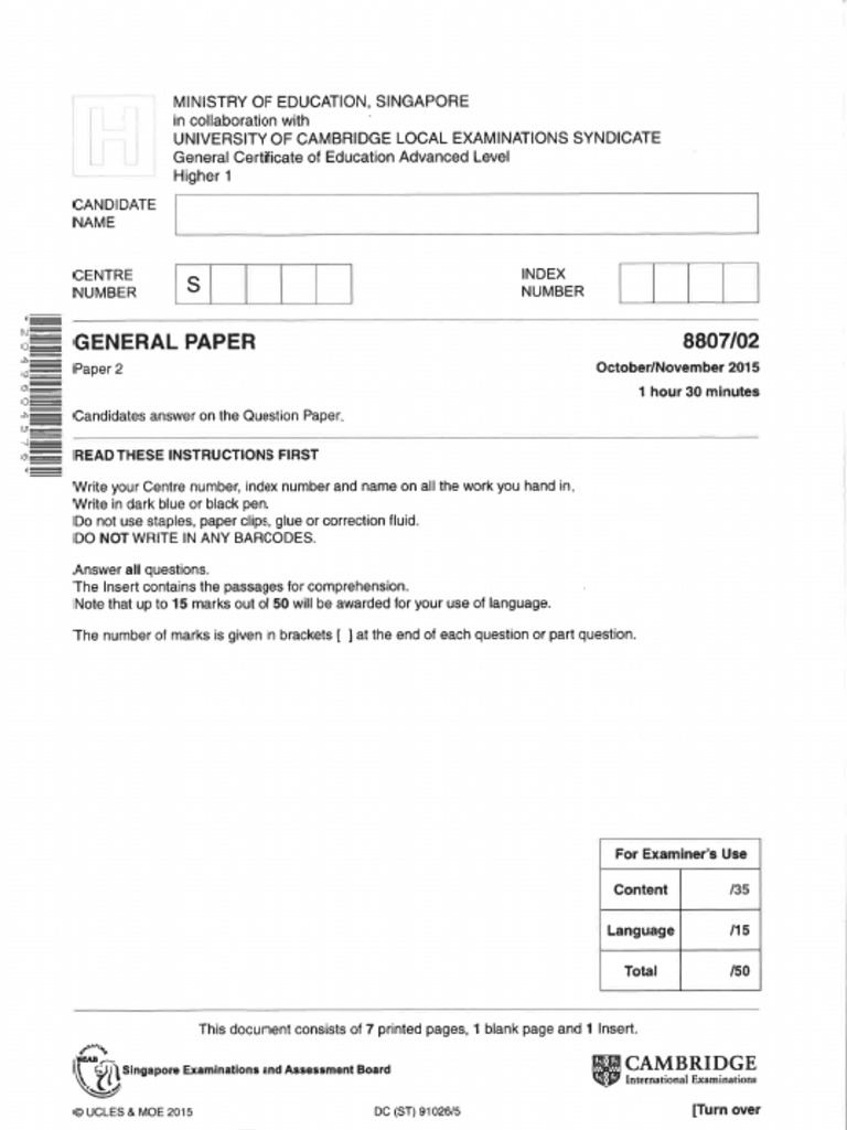 2015 Cambridge Paper 2 Answer Booklet (Sport) | PDF