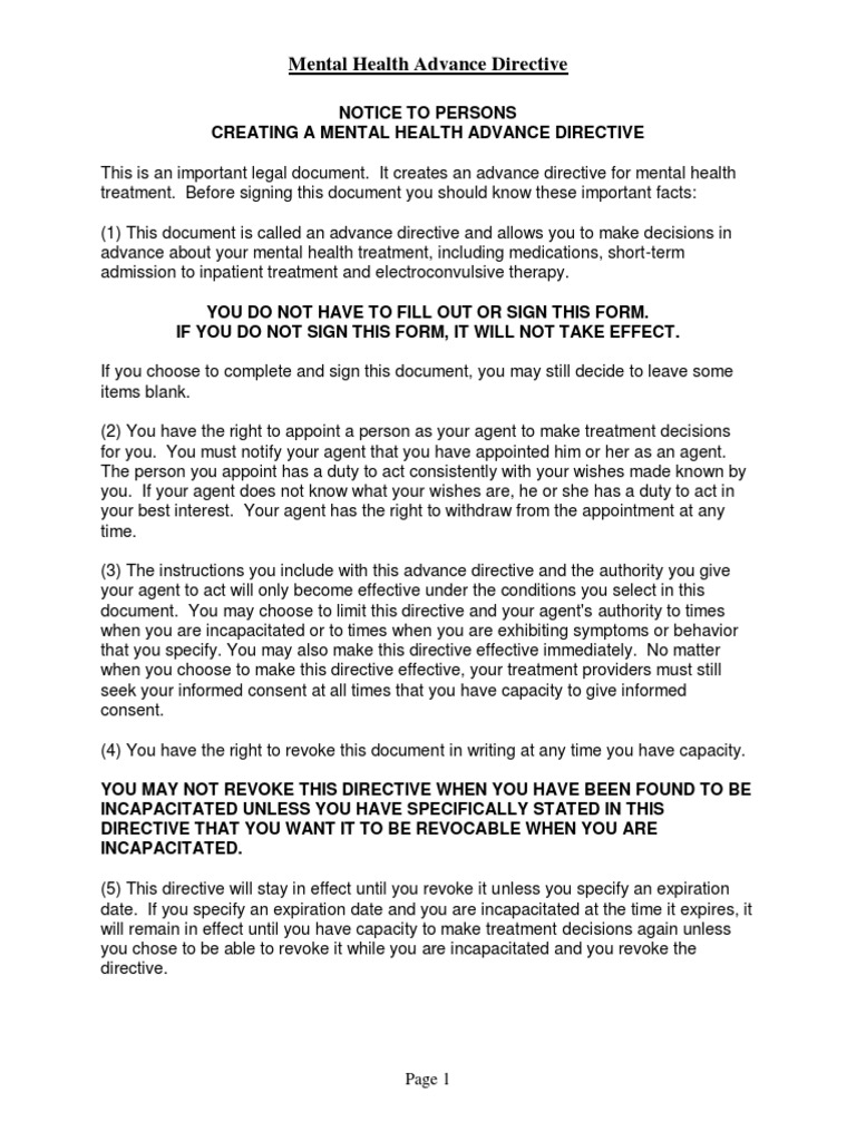Mental Health Advance Directive Form | PDF | Power Of Attorney ...