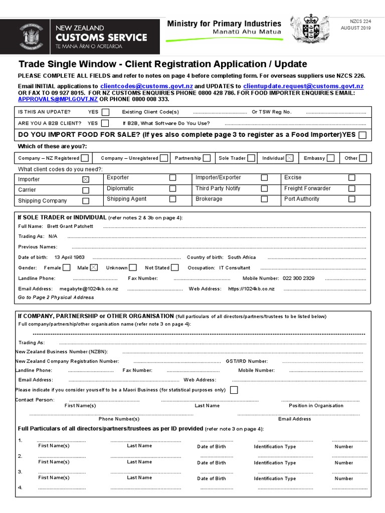 Customs Client Registration Form | PDF | Payments | Fee