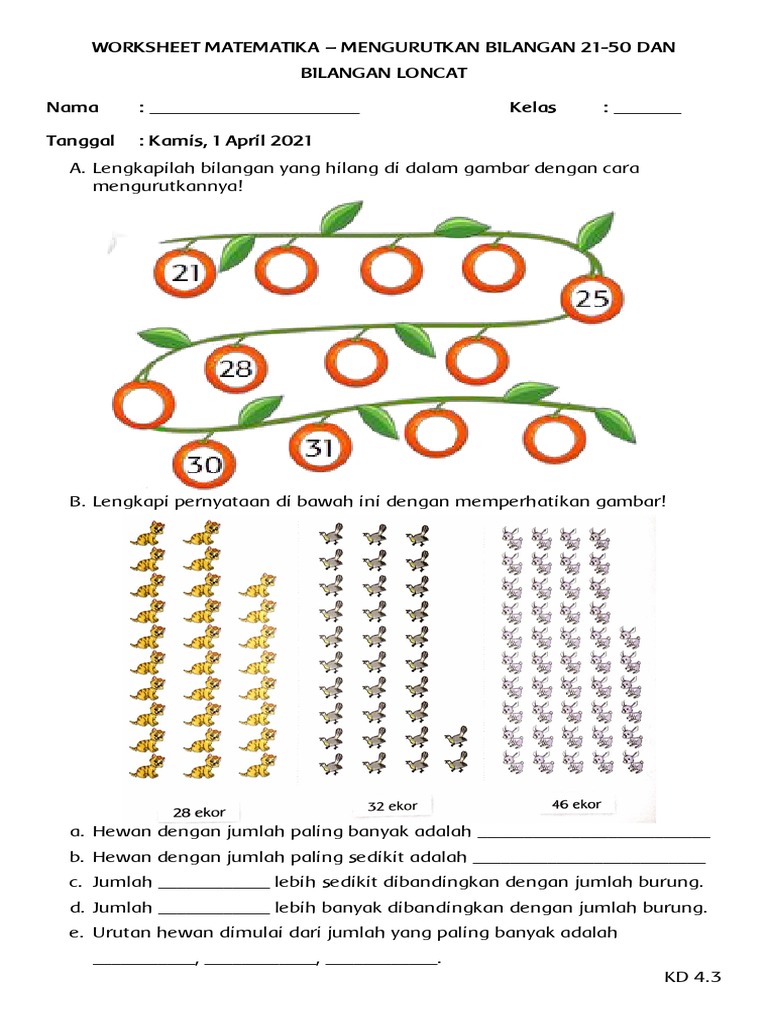 Lembar Kerja Mengurutkan Bilangan Dan Bilangan Loncat 21-50-Draft | PDF