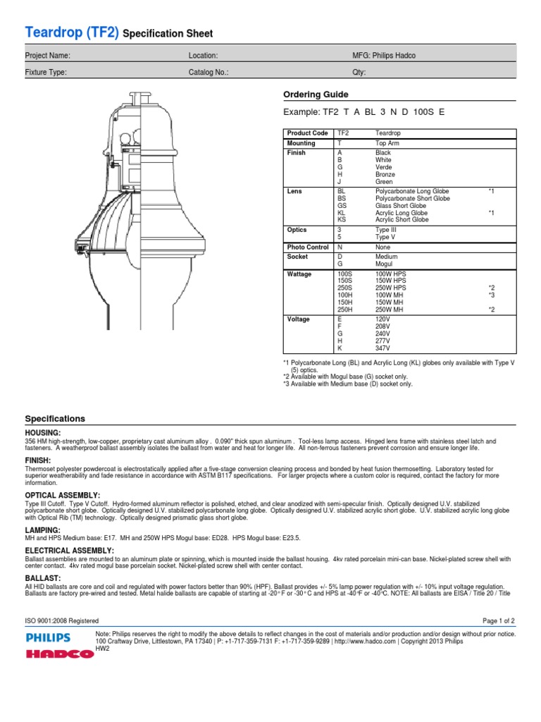 Teardrop (TF2) : Specification Sheet | PDF | Building Materials | Materials