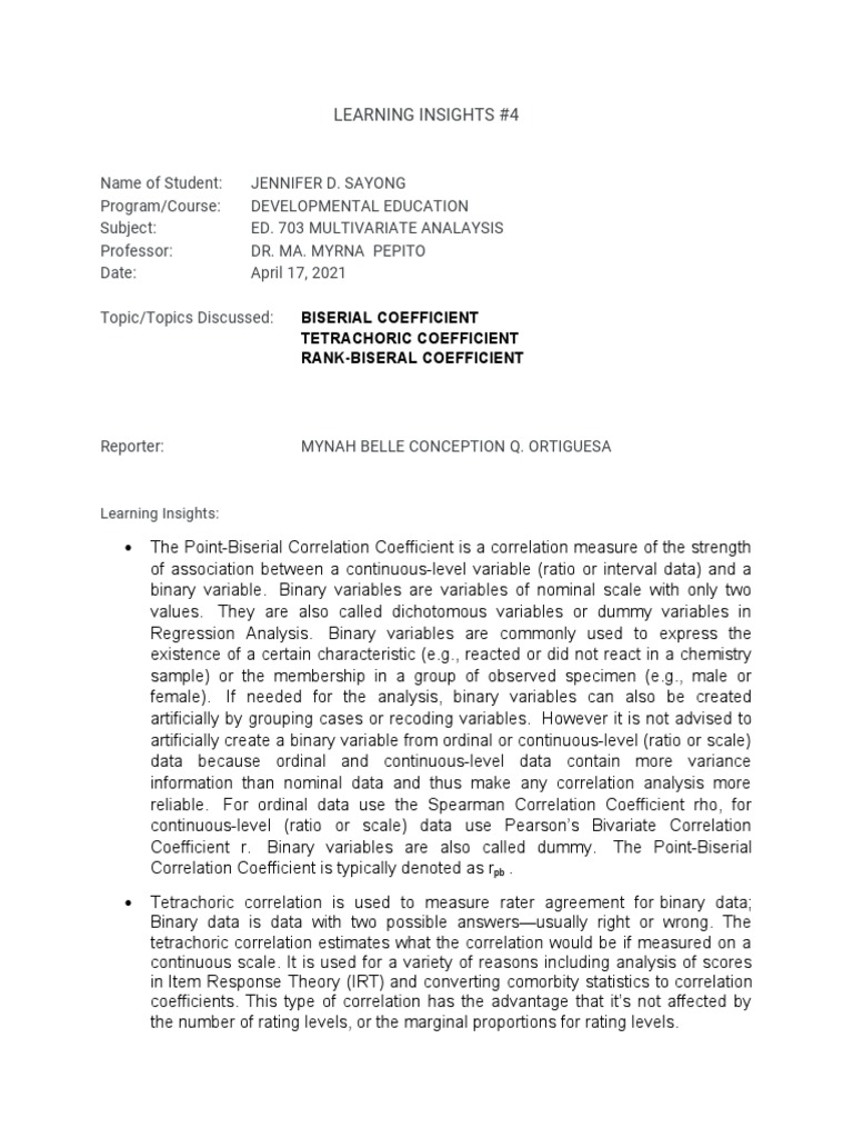 Learning Insights #4 | PDF | Correlation And Dependence | Mean