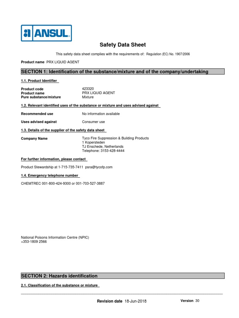 ANSUL PRX Piranha Agent 423320 Msds | PDF | Dangerous Goods | Toxicity