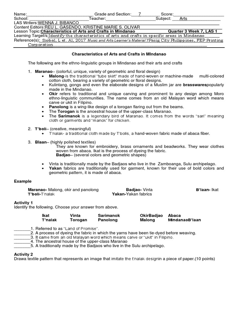 Arts 7 Quarter 3 Week 7 Las #1 | PDF | Textiles | Decorative Arts
