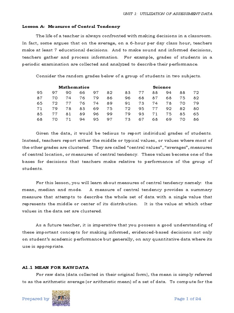 Lesson A: Measures of Central Tendency: Unit 1: Utilization of ...