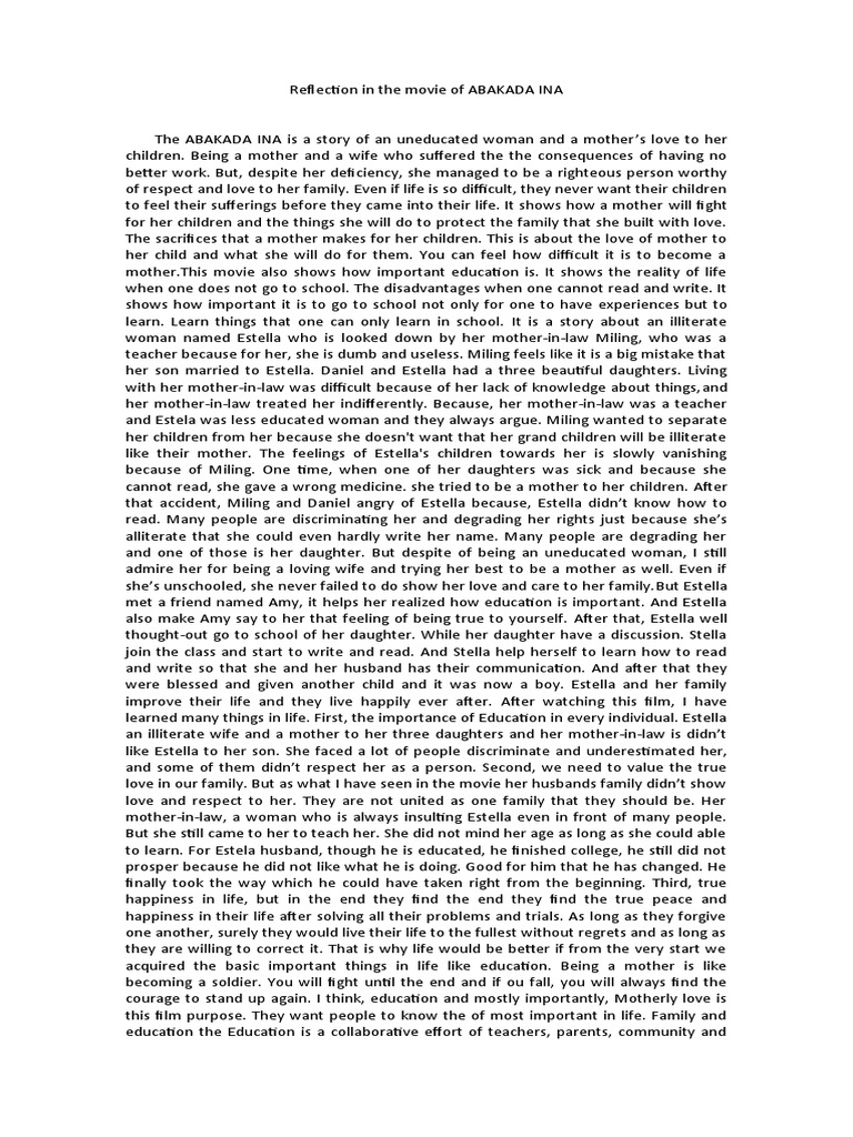 Reflection in The Movie of ABAKADA INA | PDF | Love | Literacy