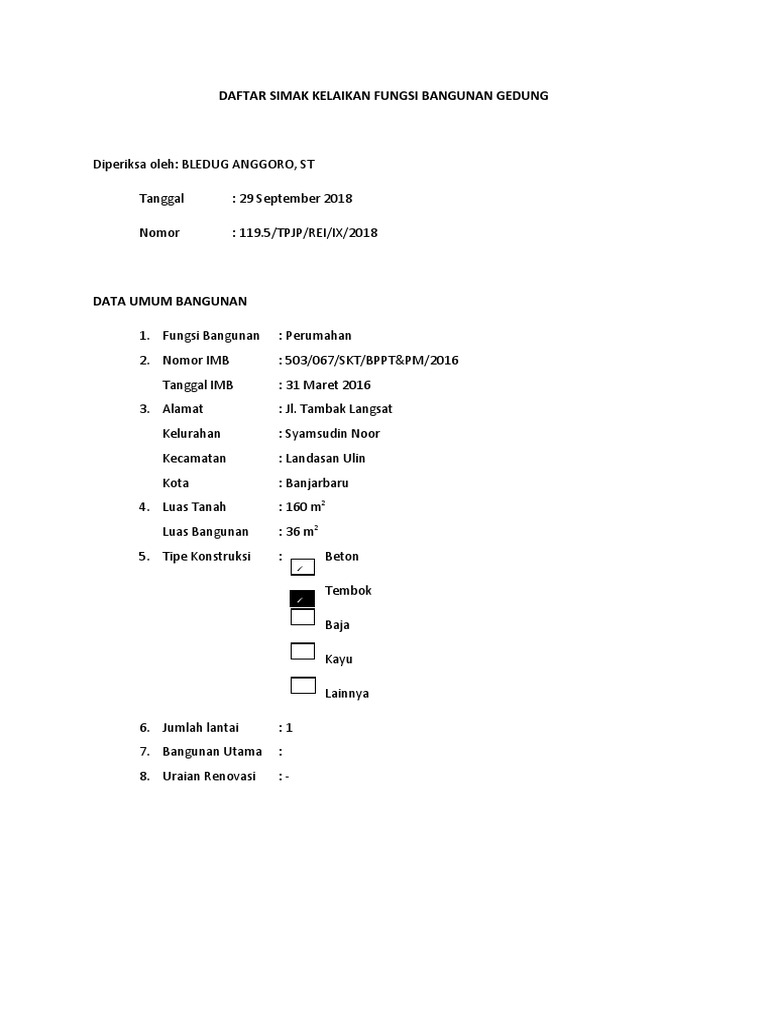 Daftar Simak Kelaikan Fungsi Bangunan Gedung | PDF
