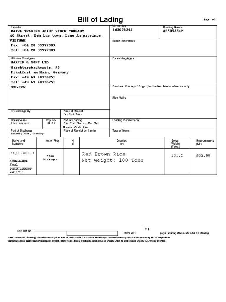 Bill of Lading: Red Brown Rice Net Weight: 100 Tons | PDF | Bill Of ...