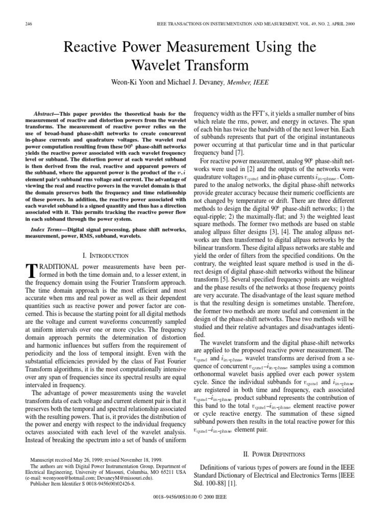 Reactive Power Measurement Using The Wavelet Transform: Weon-Ki Yoon and Michael J. Devaney ...